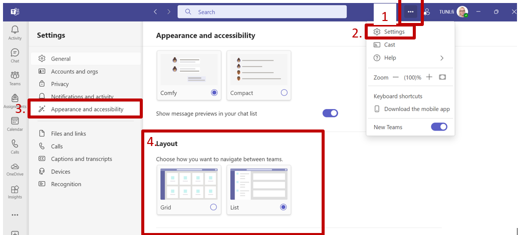 Teams: Grid view or List view? | Digital toolkit | Tampere Universities